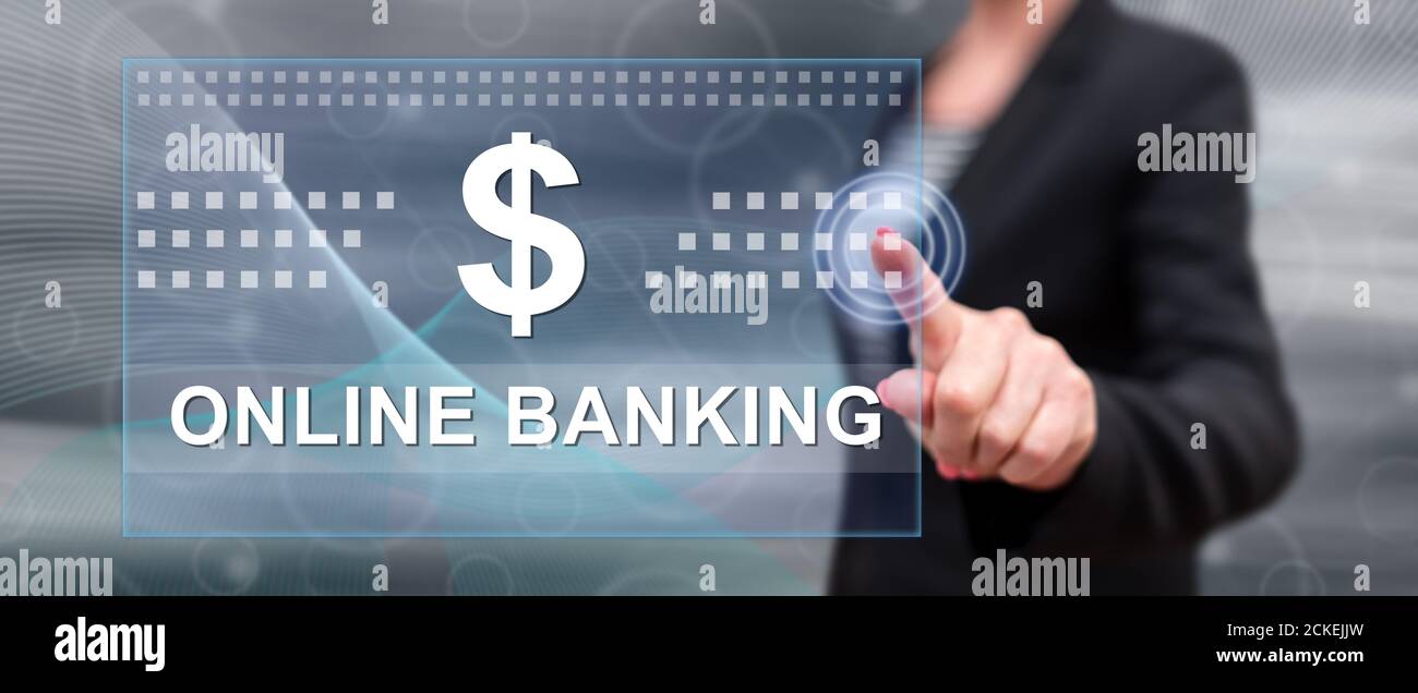 Woman touching an online banking concept on a touch screen with her ...