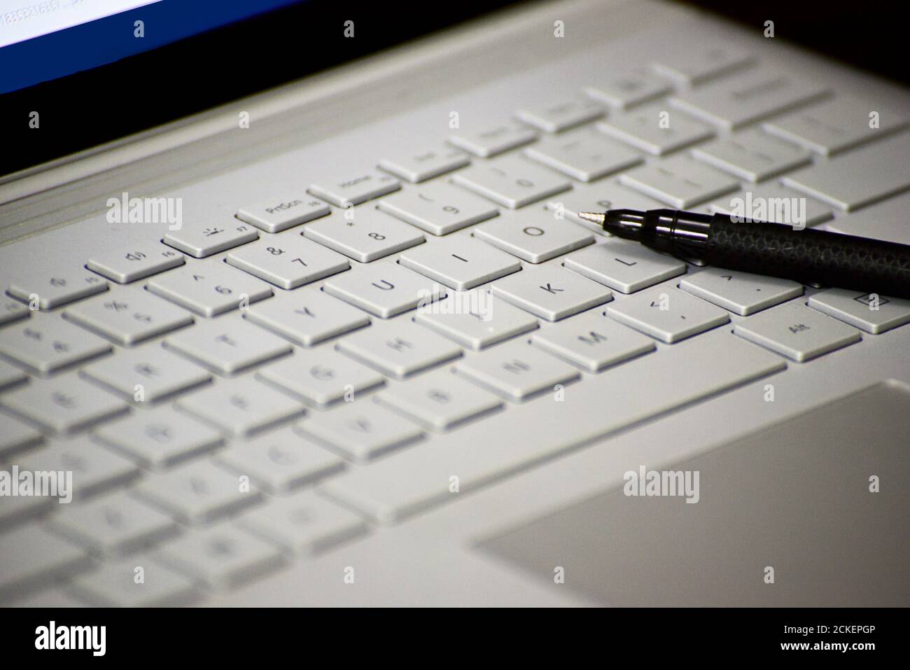 close-up of a pen lying down on laptop keypad Stock Photo - Alamy