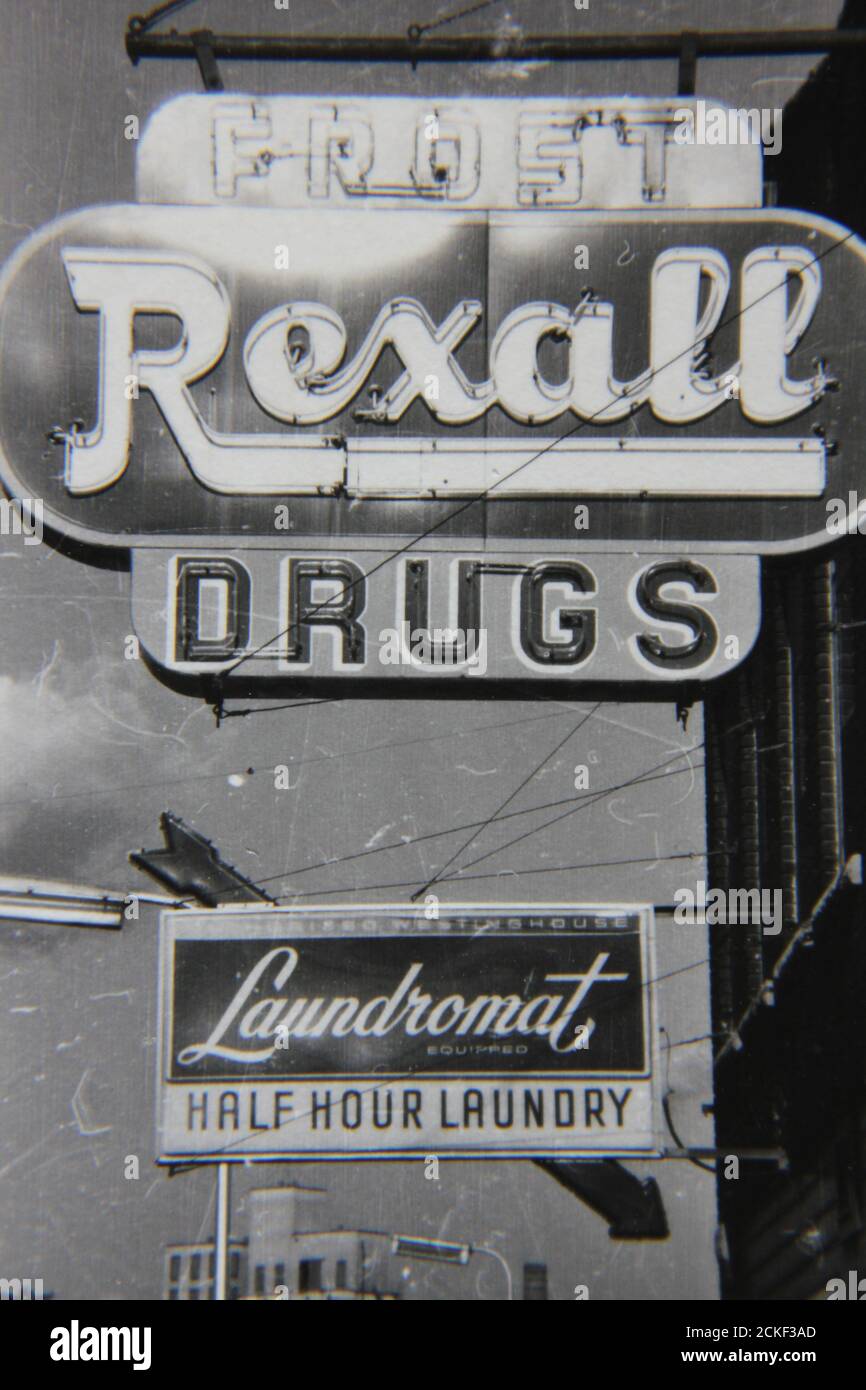 Fine 70s vintage black and white photography of the marquee for Rexall ...