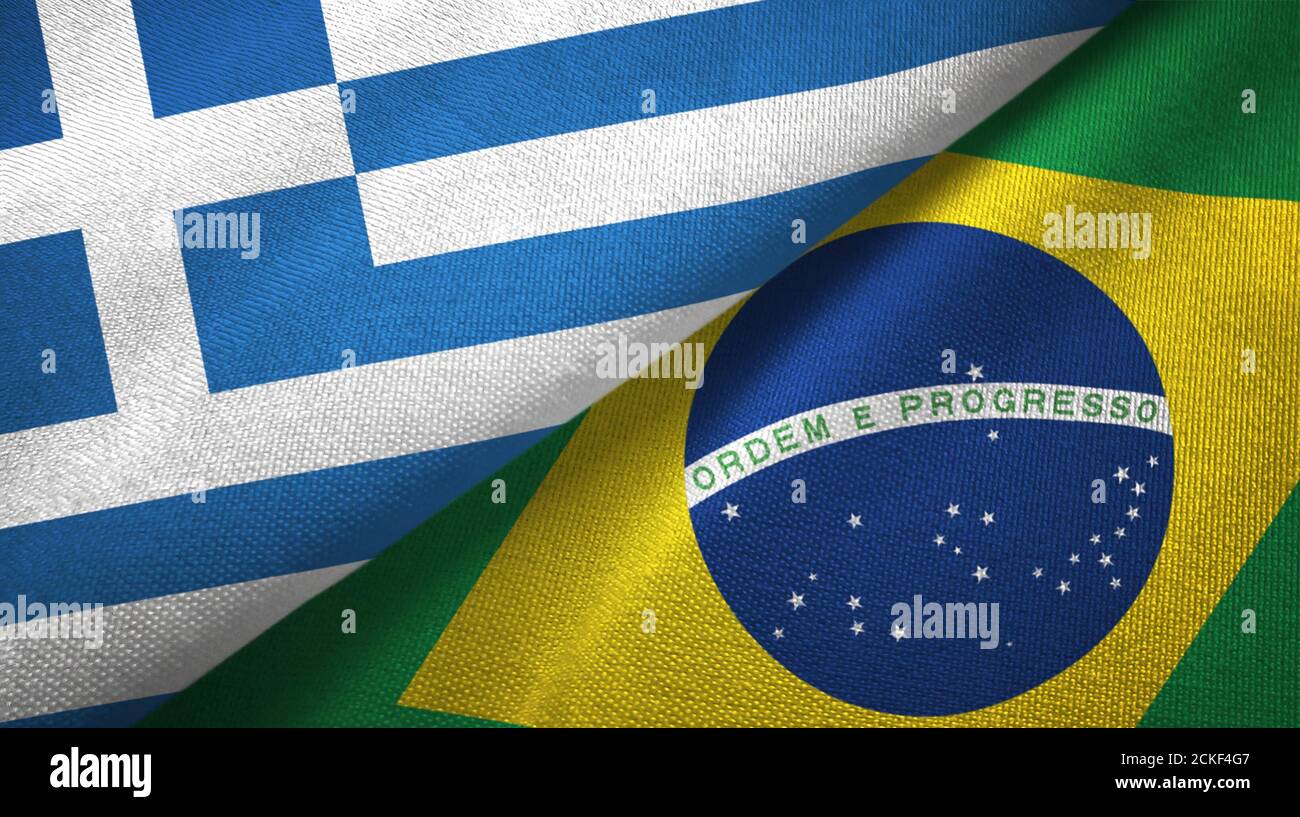 Greece and Brazil two flags textile cloth, fabric texture Stock Photo ...