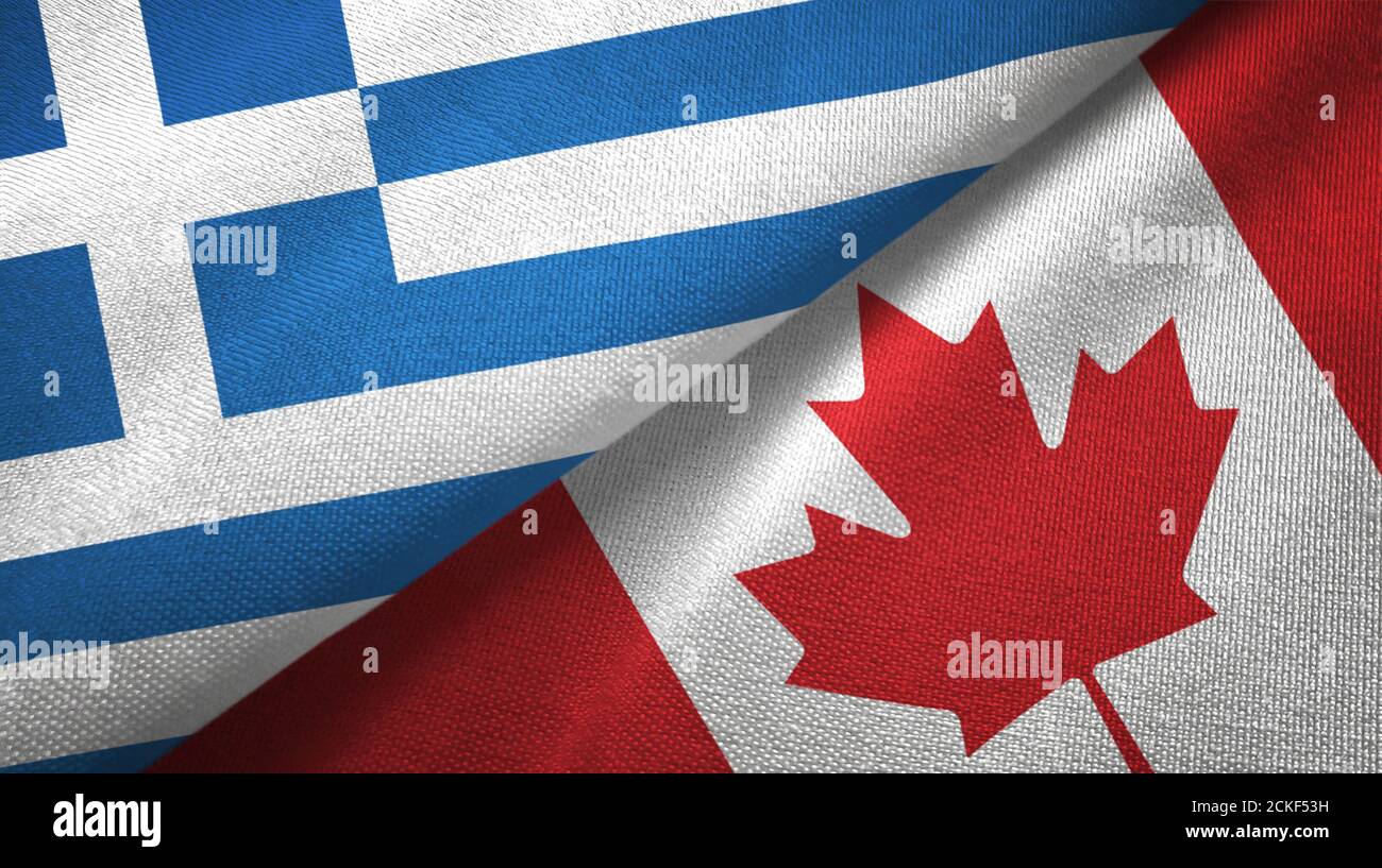 Greece and Canada two flags textile cloth, fabric texture Stock Photo ...
