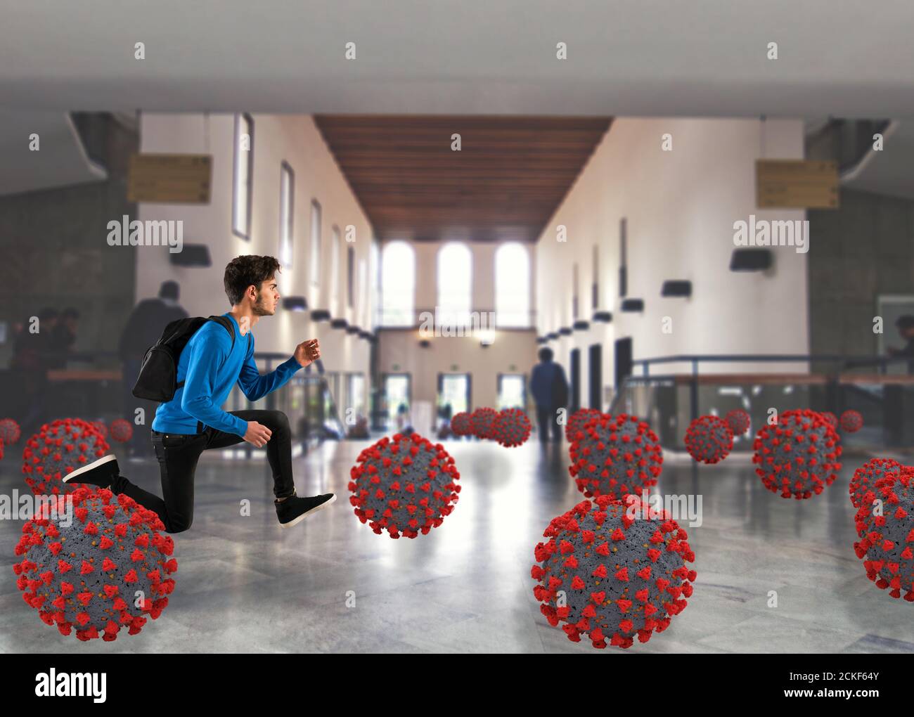 Boy with backpack avoids contact with the virus at the school Stock ...