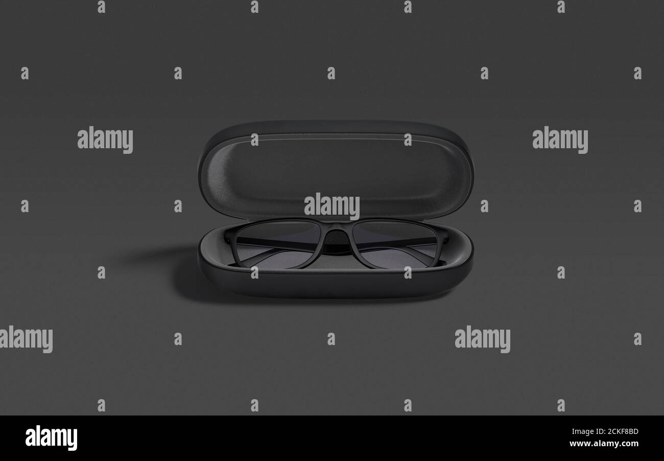 Blank black opened case with glasses mockup, dark background Stock ...