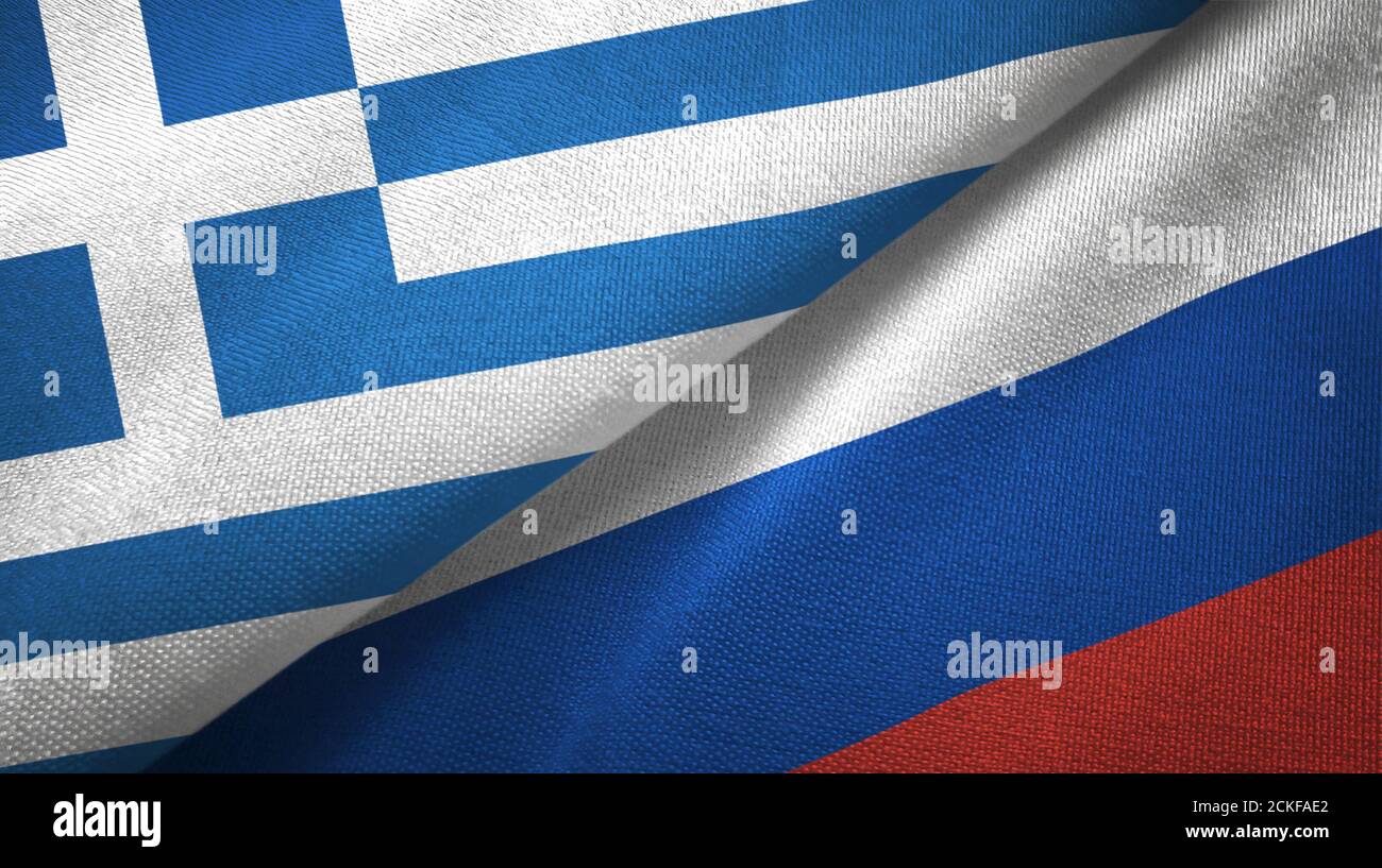 Greece and Russia two flags textile cloth, fabric texture Stock Photo ...