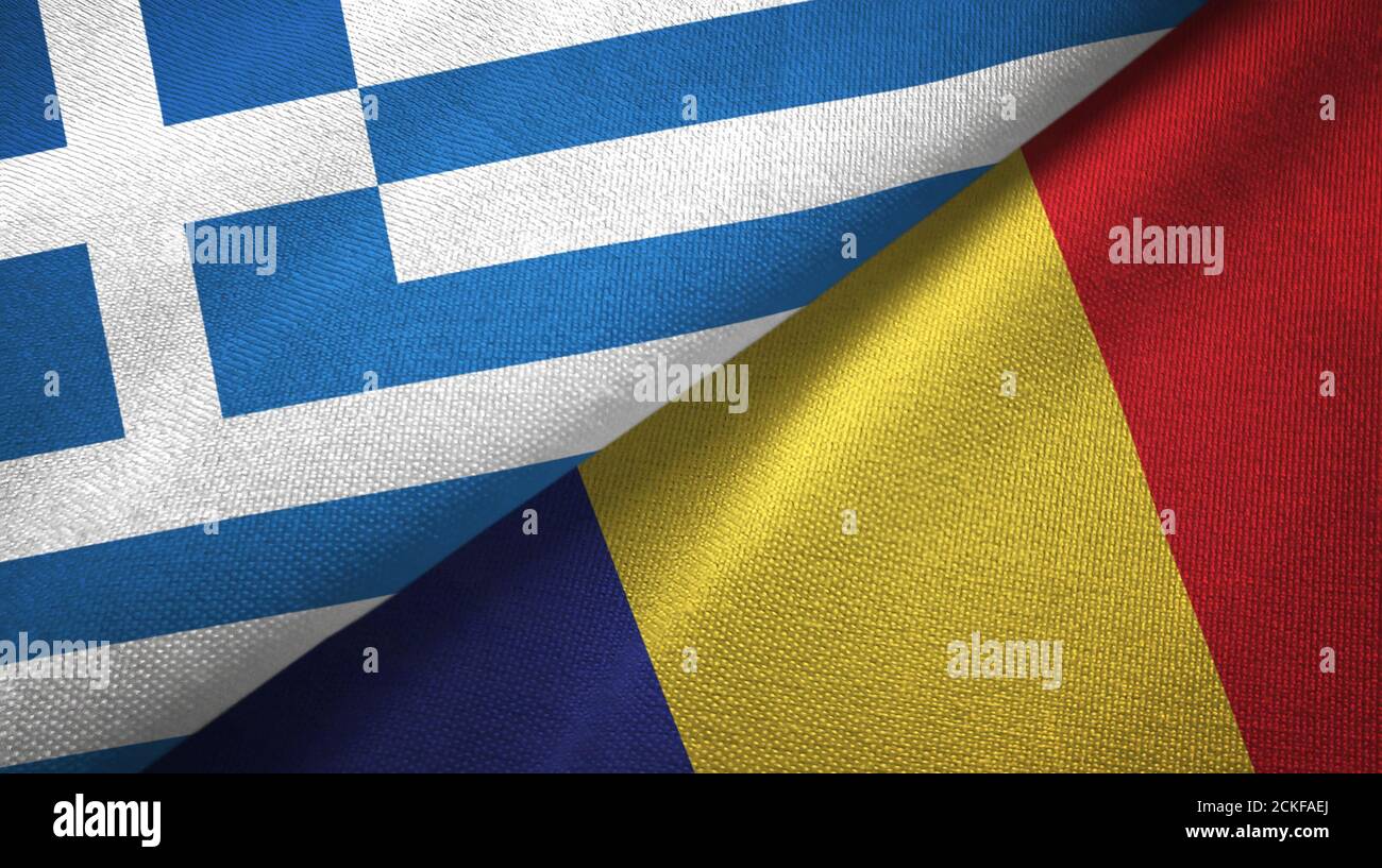 Greece and Romania two flags textile cloth, fabric texture Stock Photo ...