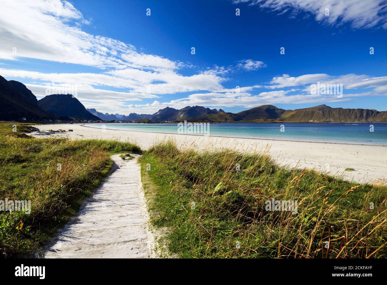 Ramberg beach or Rambergstranda in sunny blue sky day on Flakstadoya ...