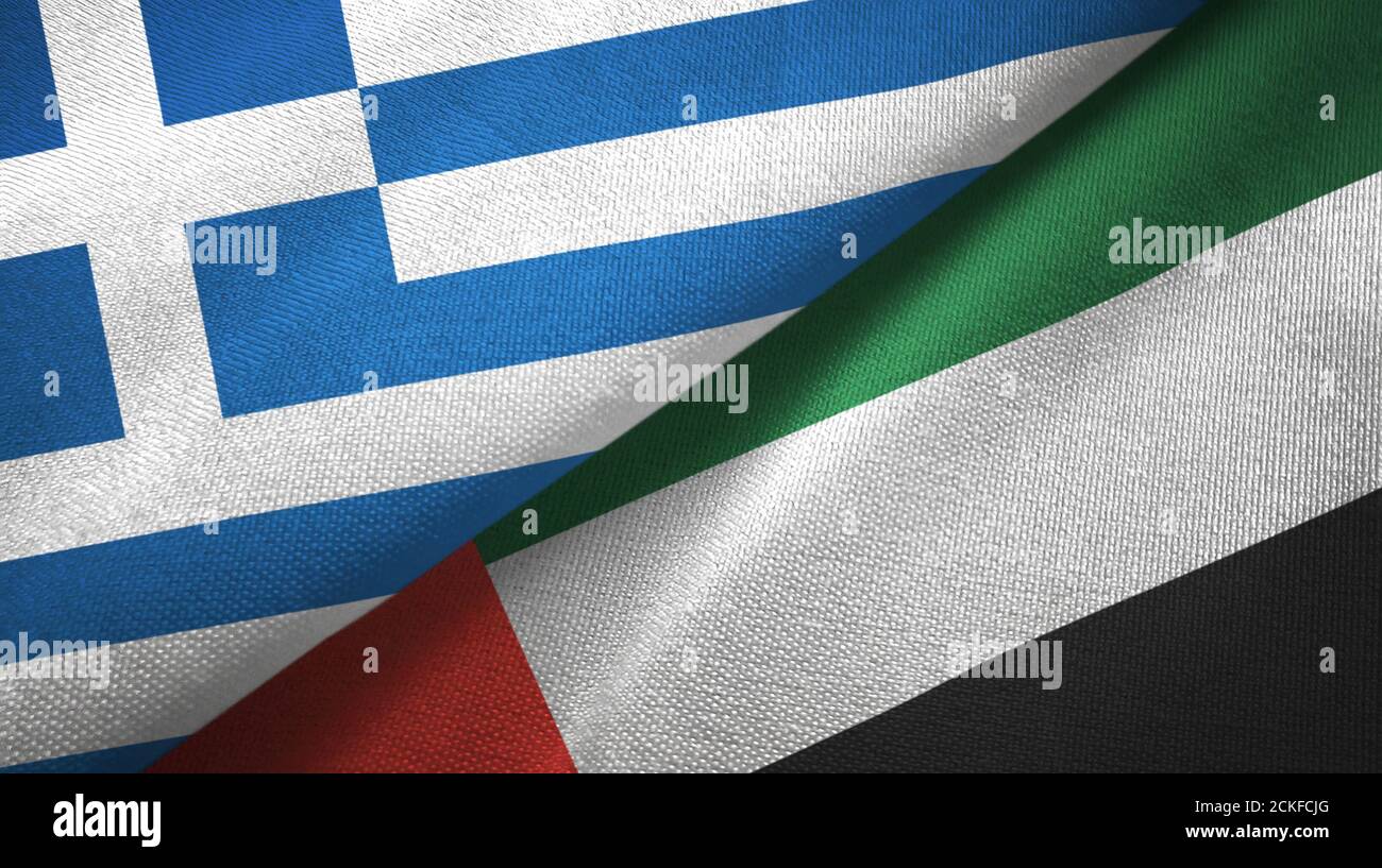 Greece and United Arab Emirates two flags textile cloth, fabric texture ...