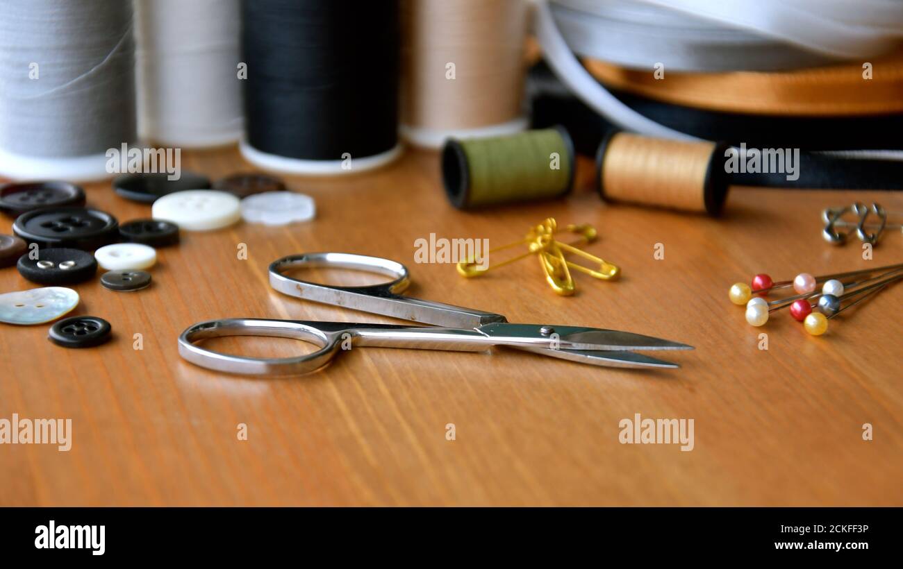 A close up perspective view a small pair of silver sewing scissors ...