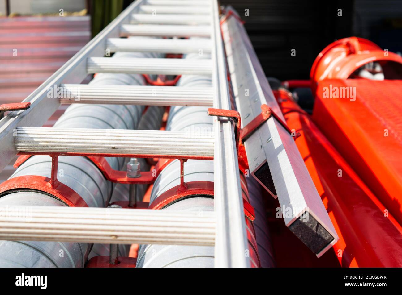 fire escape and ladder lie on a fire engine on the brackets Stock Photo ...