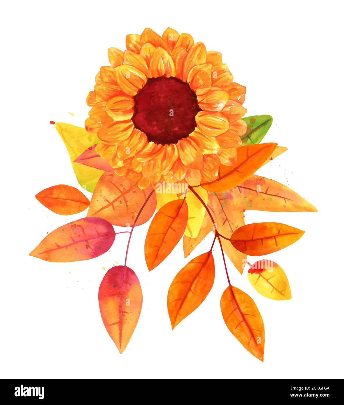 Autumn bouquet with a sunflower, watercolour fall floral arrangement ...