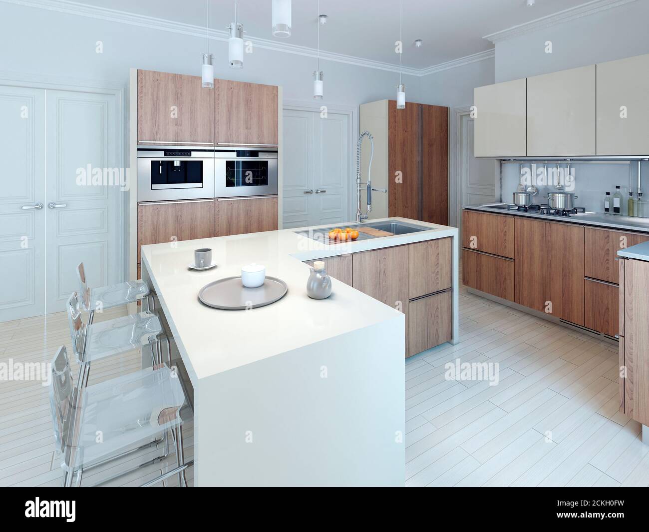 Modern functional kitchen design. 3d render Stock Photo - Alamy