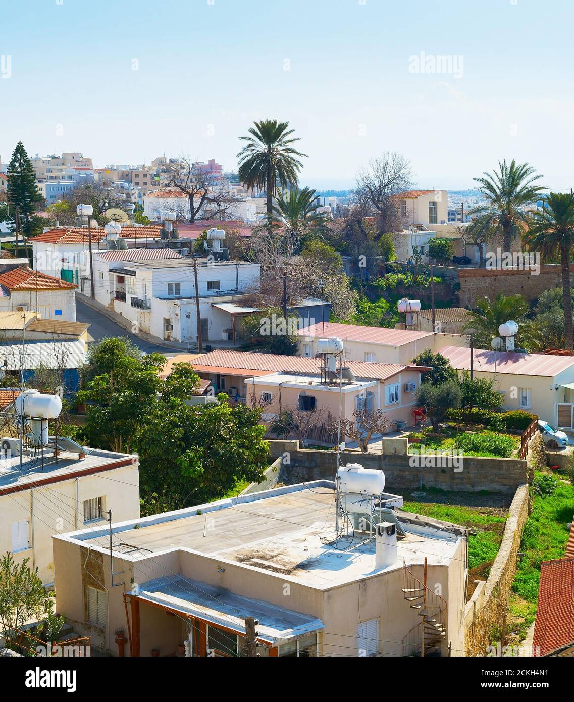 Aerial skyline of Paphos town, houses of typical architecture, Cyprus ...