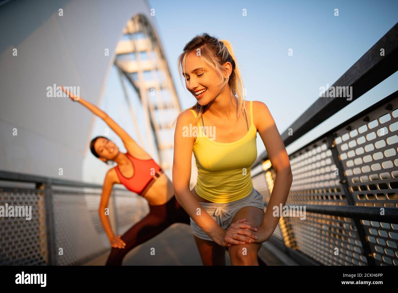 Fitness, sport, people, exercising and healthy lifestyle concept. Happy ...