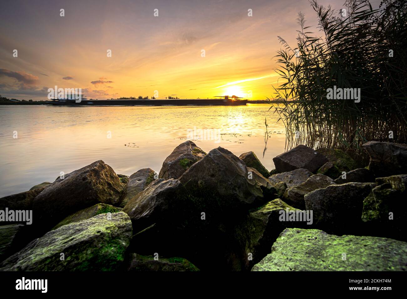 Sunset river banks view over the water with basalt blocks and reeds ...