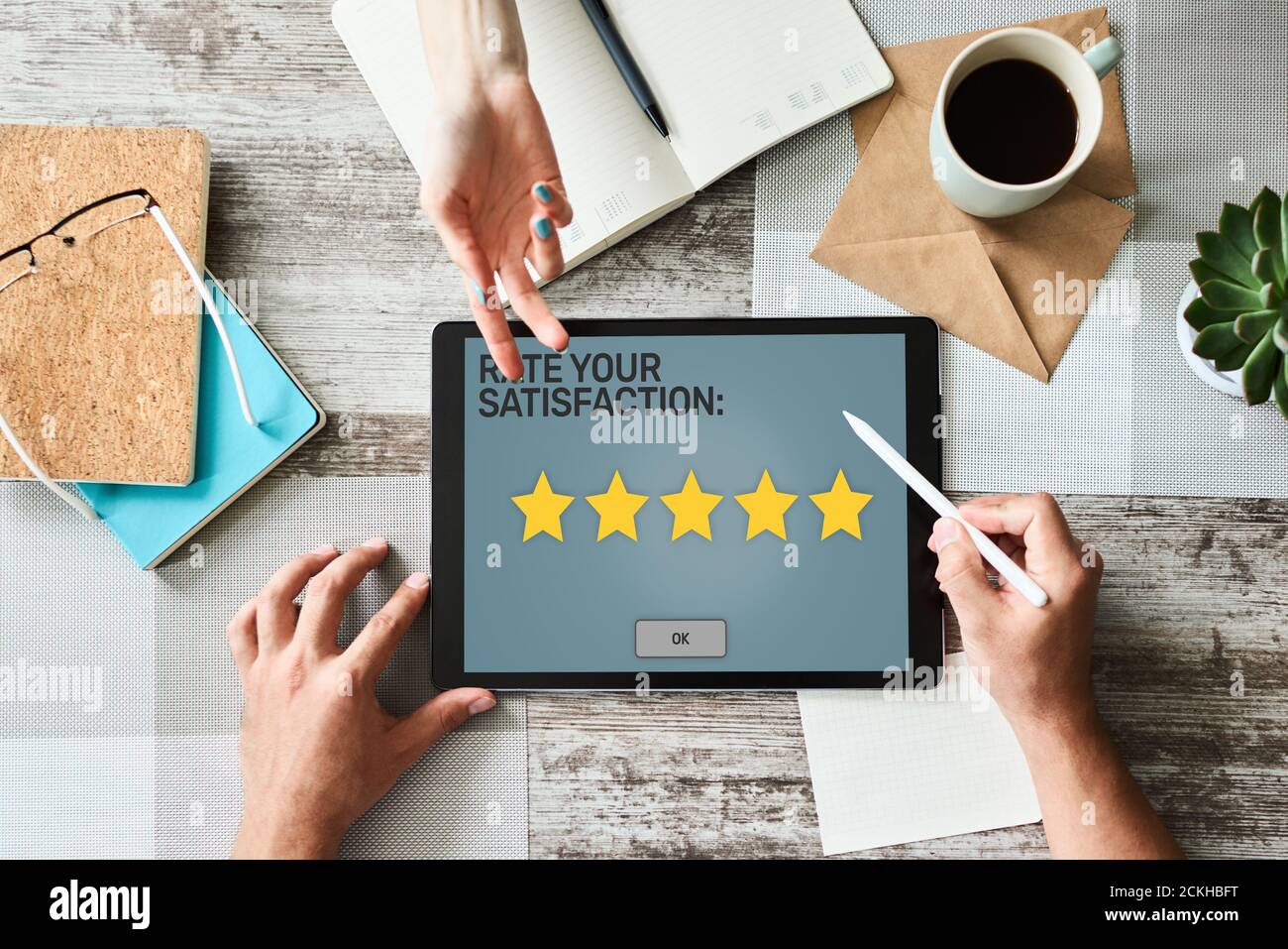 Rate your experience. Customer satisfaction review. Five star on device ...
