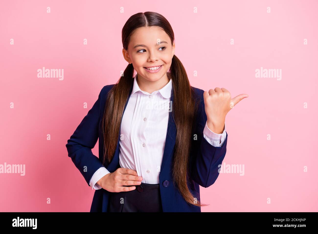 Portrait of her she nice attractive cheerful curious girl pointing ...