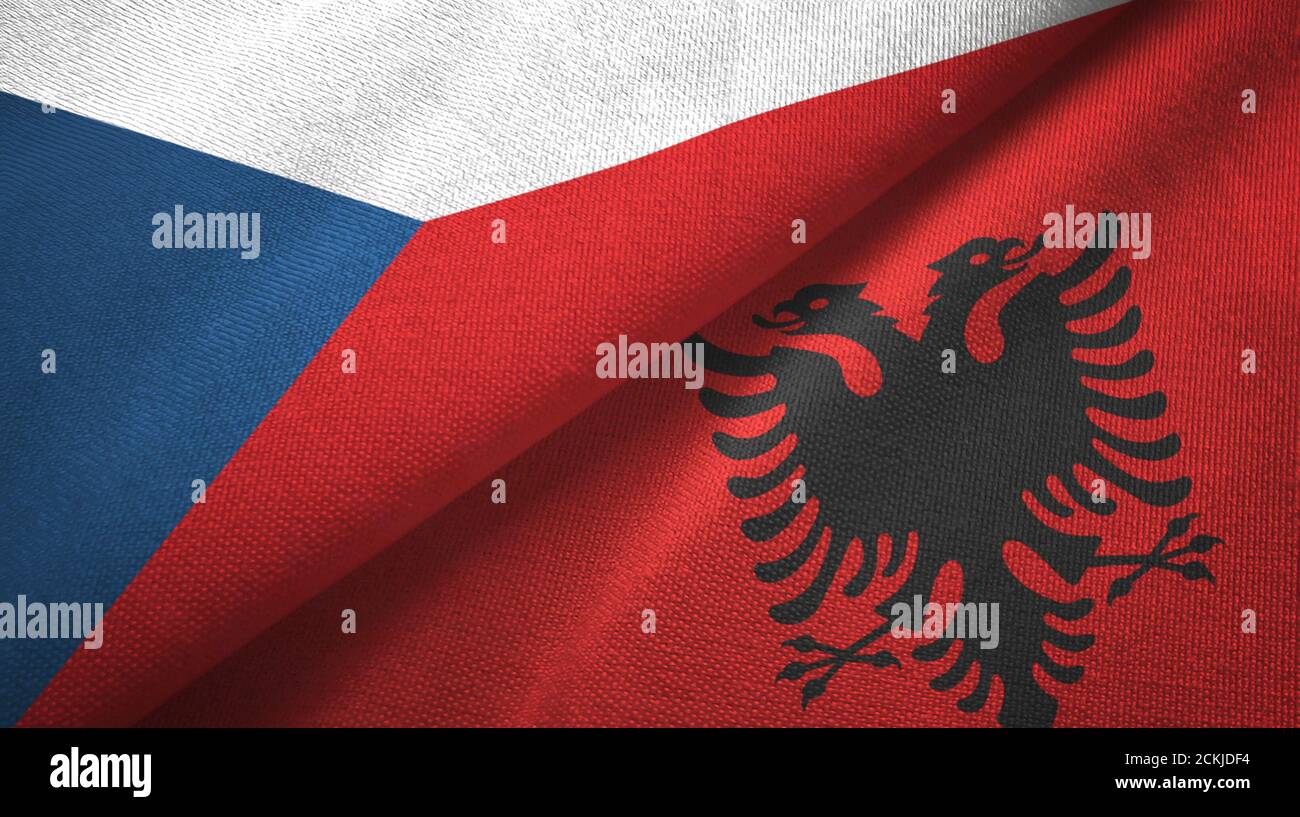 Czech Republic and Albania two flags textile cloth, fabric texture ...