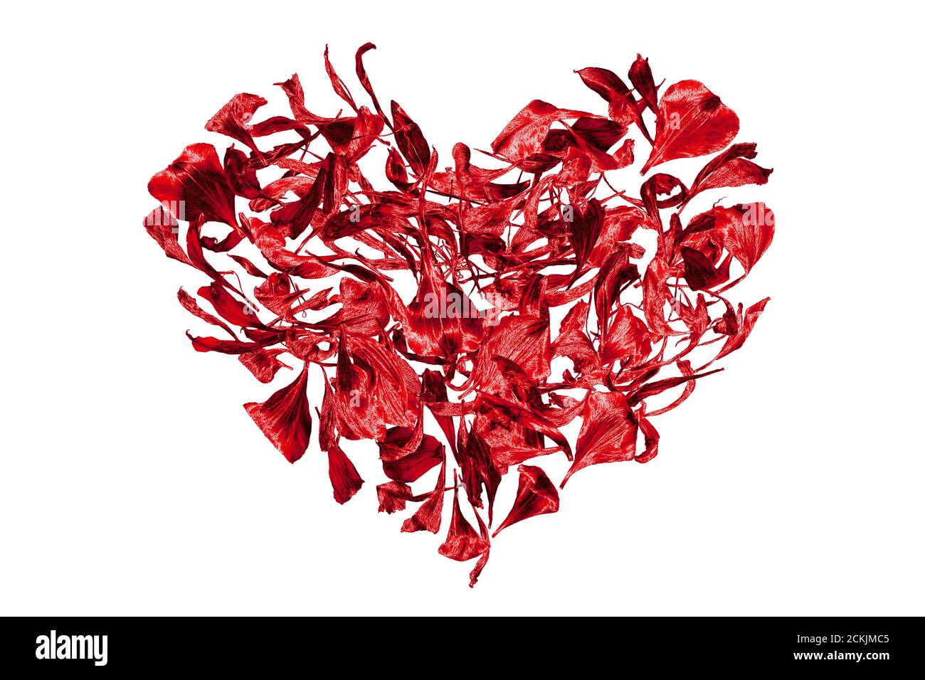 Red heart made of flower petals white background isolated close up ...