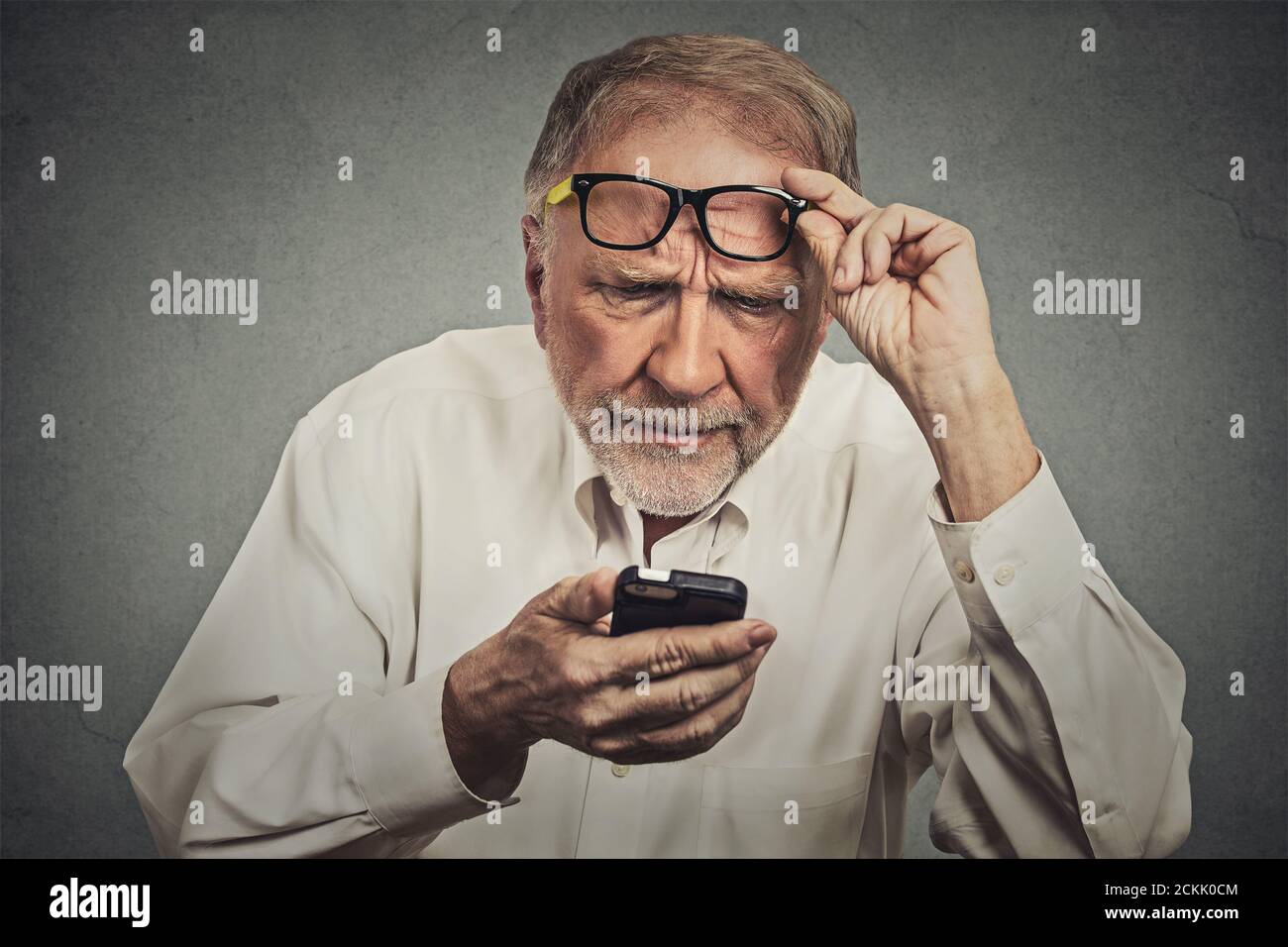 Closeup Portrait Headshot Elderly Man With Glasses Having Trouble