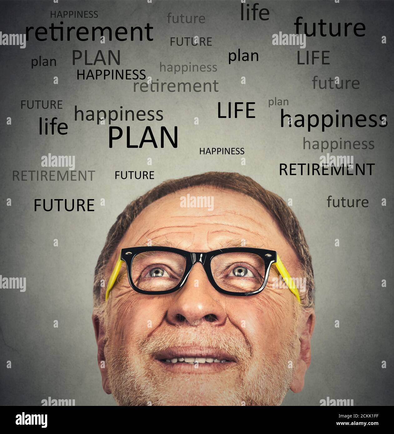 Closeup portrait of old man with glasses looking up contemplating about ...