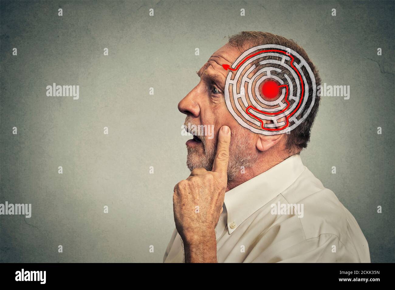 Right decision wisdom strategy concept. Side profile mature man solving ...