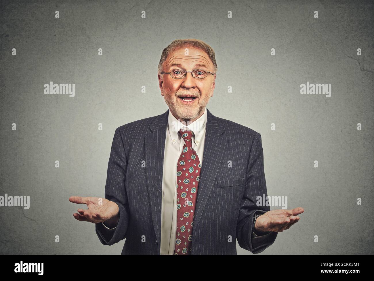 Closeup portrait clueless senior mature man, arms out asking why what's ...