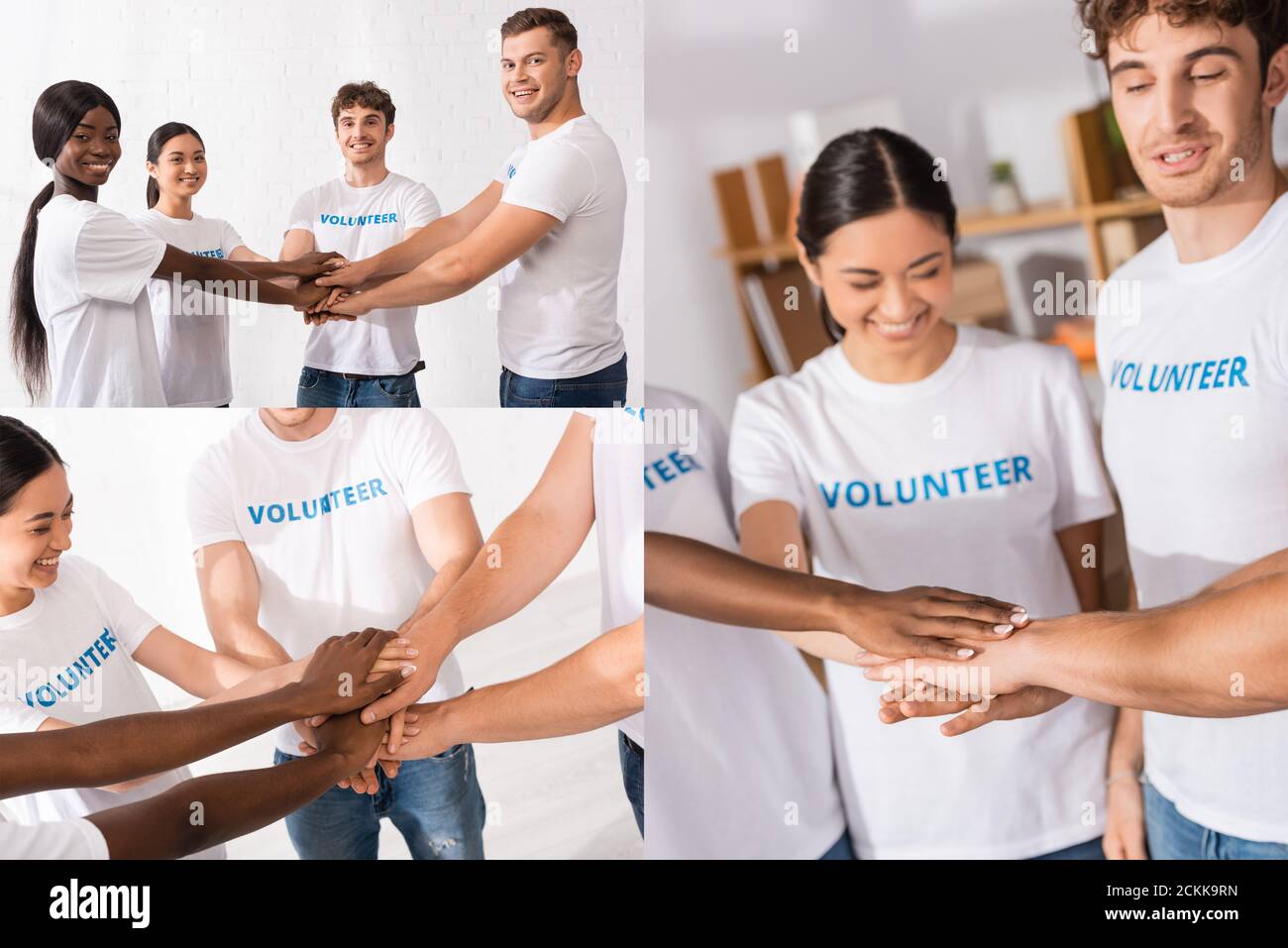 Collage of young multicultural volunteers in white t-shirts with ...
