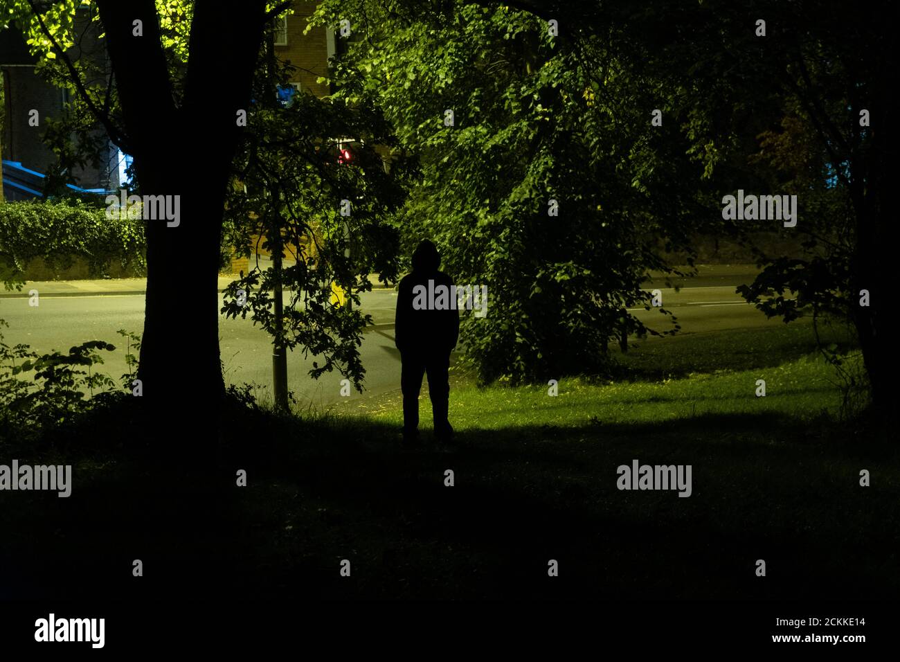 Looking down on a mysterious hooded figure standing by a road ...