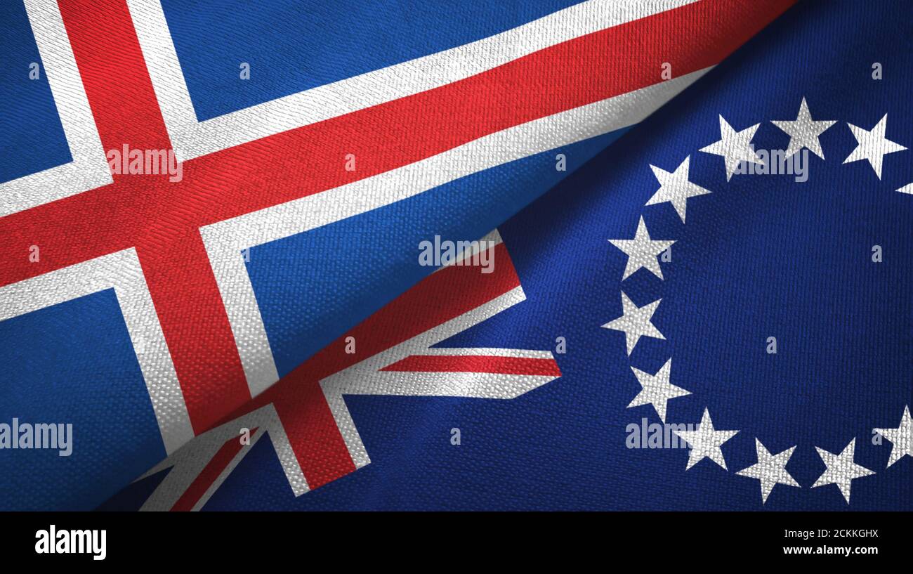 Iceland and Cook Islands two flags textile cloth, fabric texture Stock ...