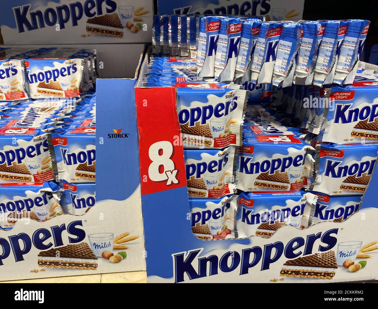 Viersen, Germany - July 9. 2020: View on packets Knoppers chocolate ...