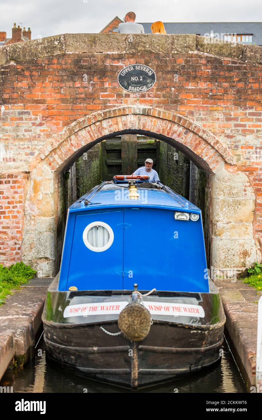 UK narrowboat leaving canal lock, Stourport-on-Severn UK, navigating ...