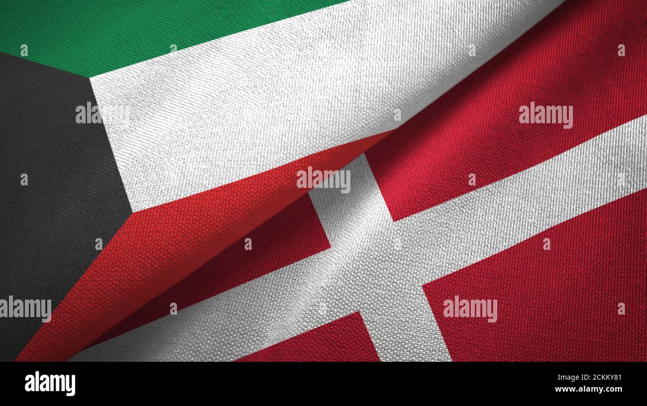 Kuwait and Denmark two flags textile cloth, fabric texture Stock Photo ...