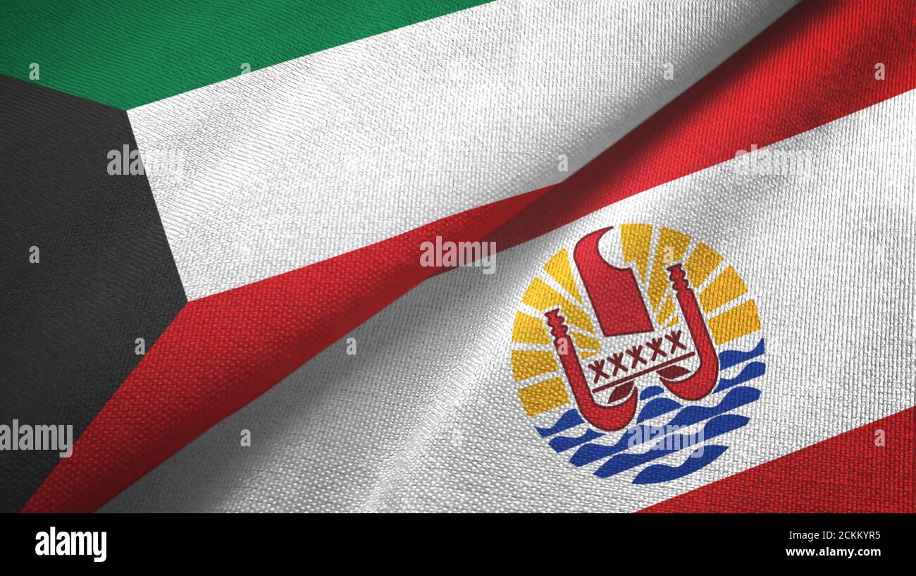 Kuwait and French Polynesia two flags textile cloth, fabric texture ...