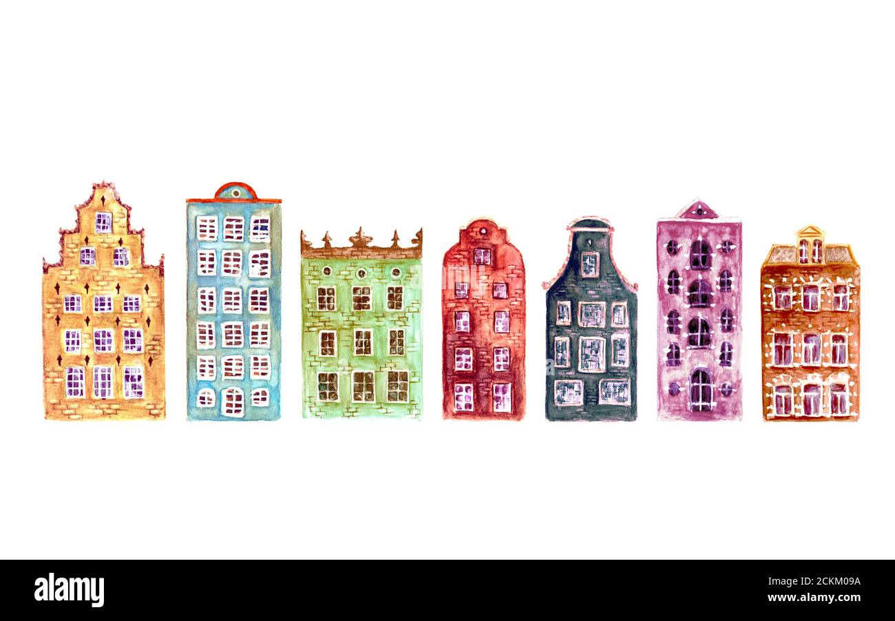 Old europe houses. Set of watercolor colorful european amsterdam style ...