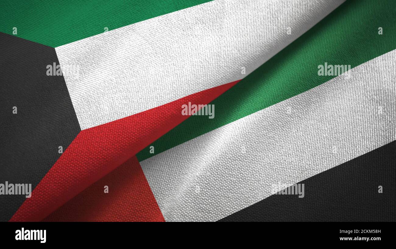 Kuwait and United Arab Emirates two flags textile cloth, fabric texture ...