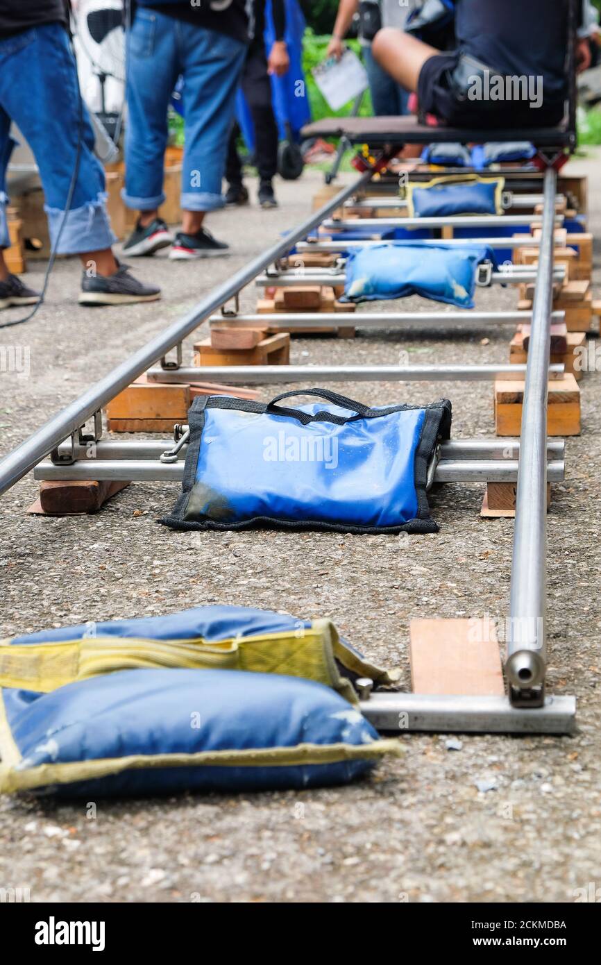 Filming Crew, Close up of camera dolly , Film industry equipment Stock ...