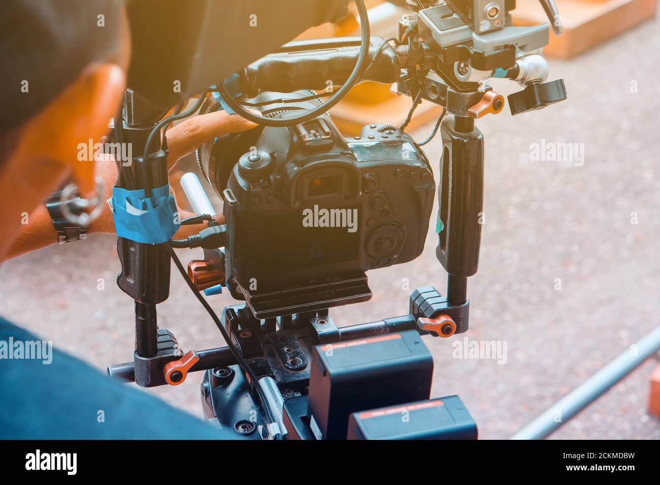 Film industry. Filming with professional camera background Stock Photo ...