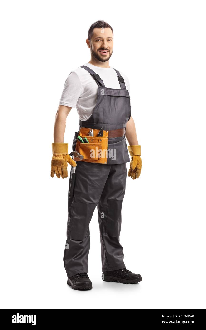 Full length portrait of a repairman in a uniform isolated on white ...