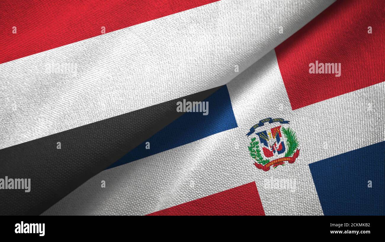 Yemen and Dominican Republic two flags textile cloth, fabric texture ...