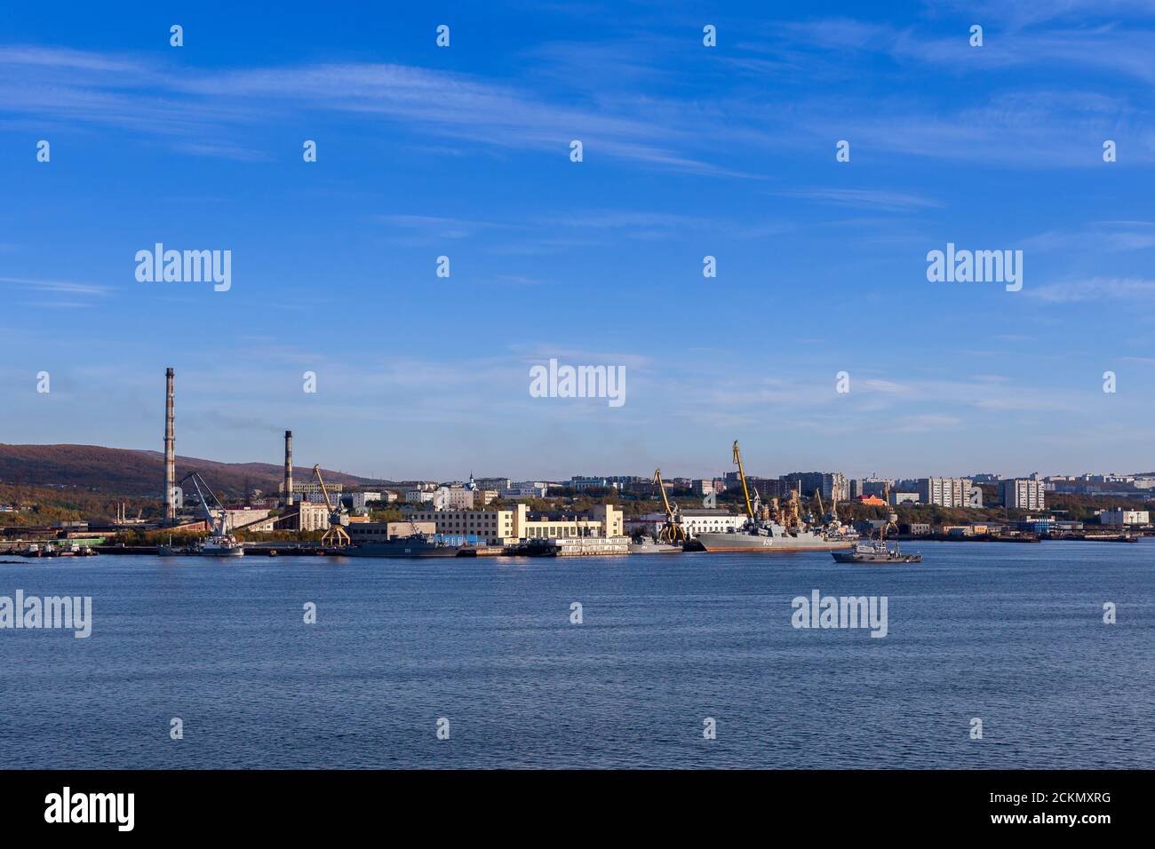 MURMANSK, RUSSIA - 2014 SEPTEMBER 19. Murmansk harbour from sea Stock ...