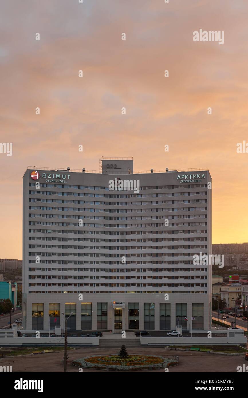 MURMANSK, RUSSIA - 2014 SEPTEMBER. Sunrise at Azimut Hotel in Murmansk ...
