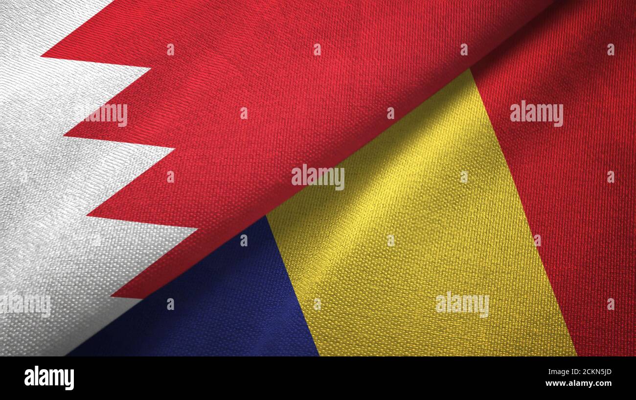 Bahrain and Romania two flags textile cloth, fabric texture Stock Photo ...