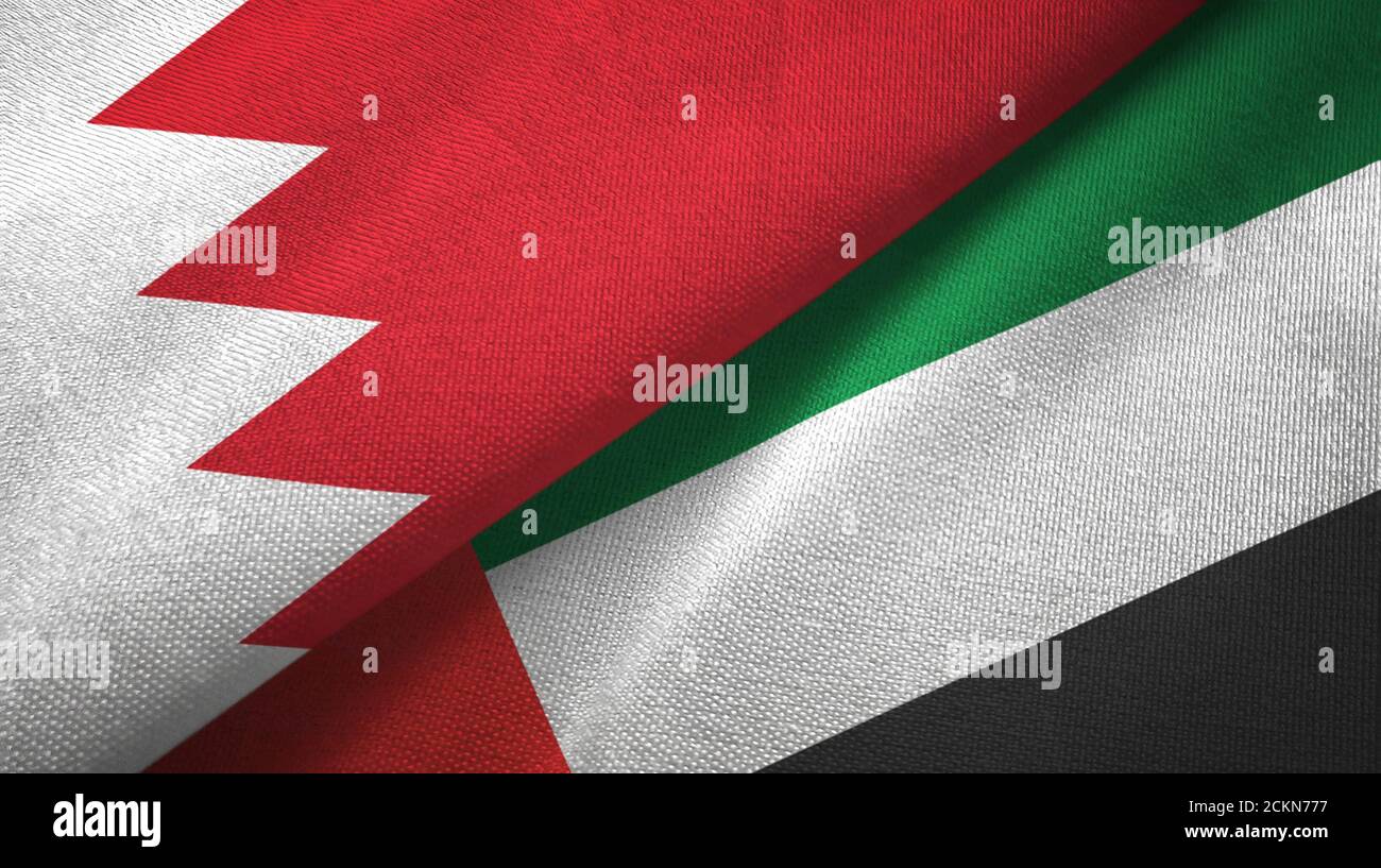 Bahrain and United Arab Emirates two flags textile cloth, fabric ...