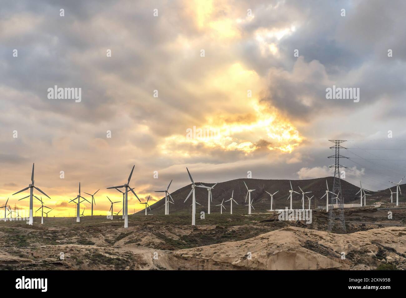 Landscape with turbine green energy generating electricity , windmills ...