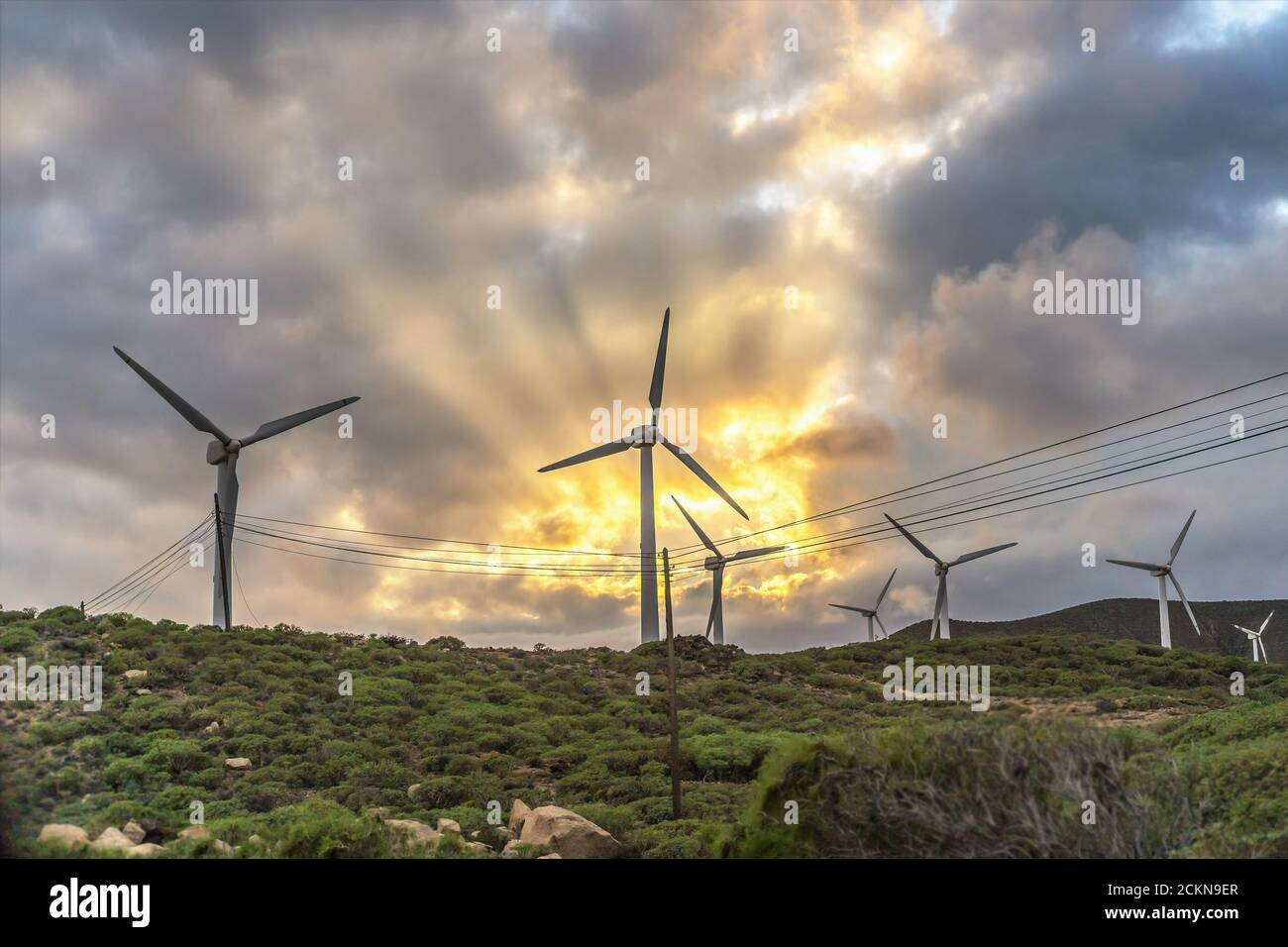 Landscape with turbine green energy generating electricity , windmills ...