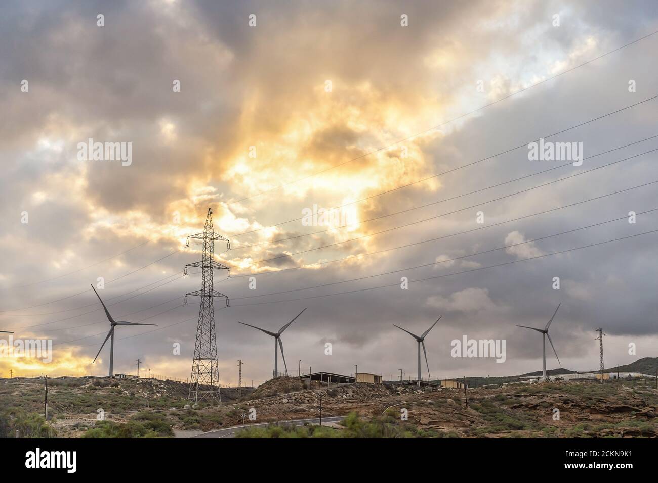 Landscape with turbine green energy generating electricity , windmills ...