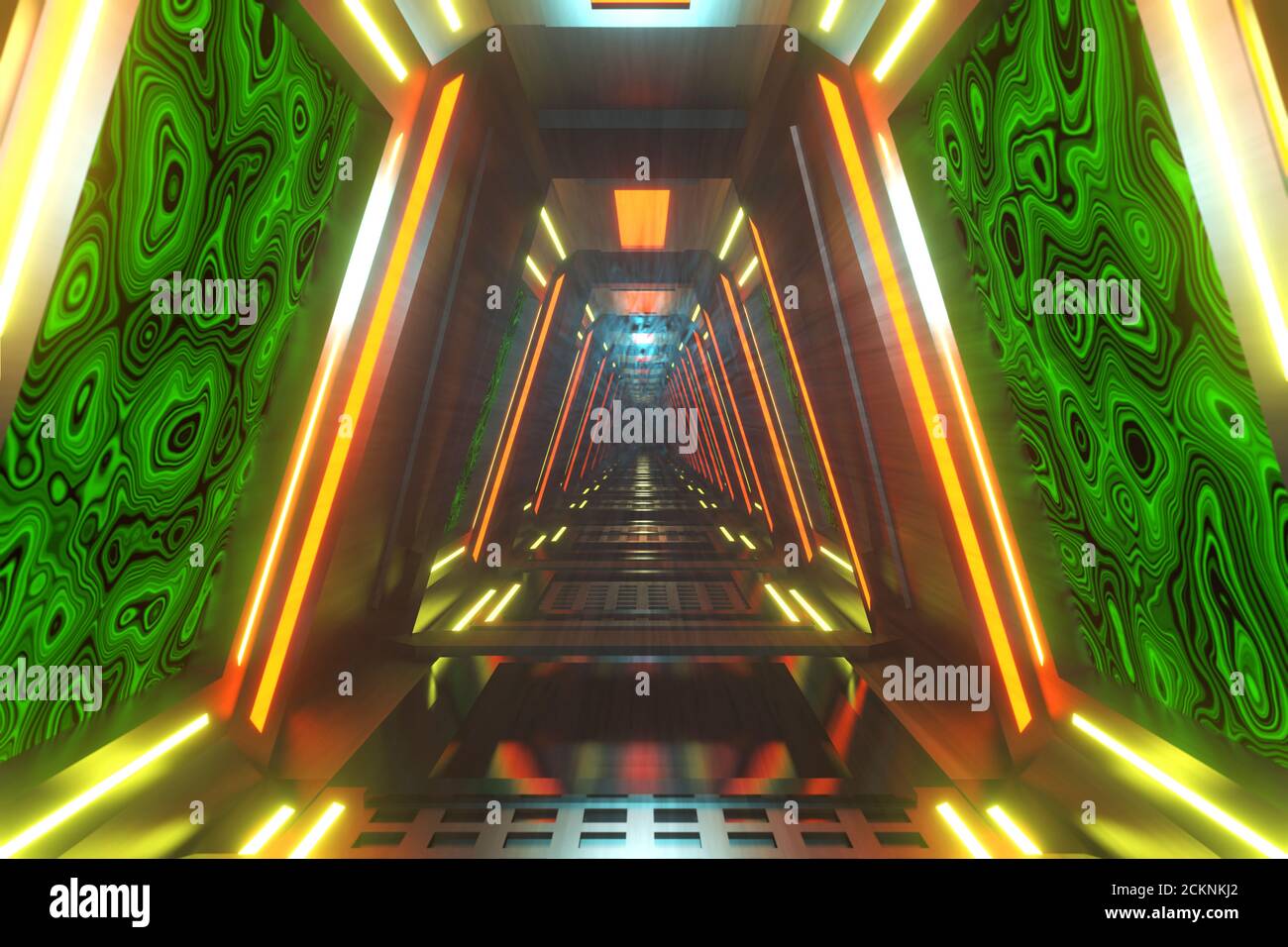 3D Illustration of a alien space ship or space station hallway Stock ...