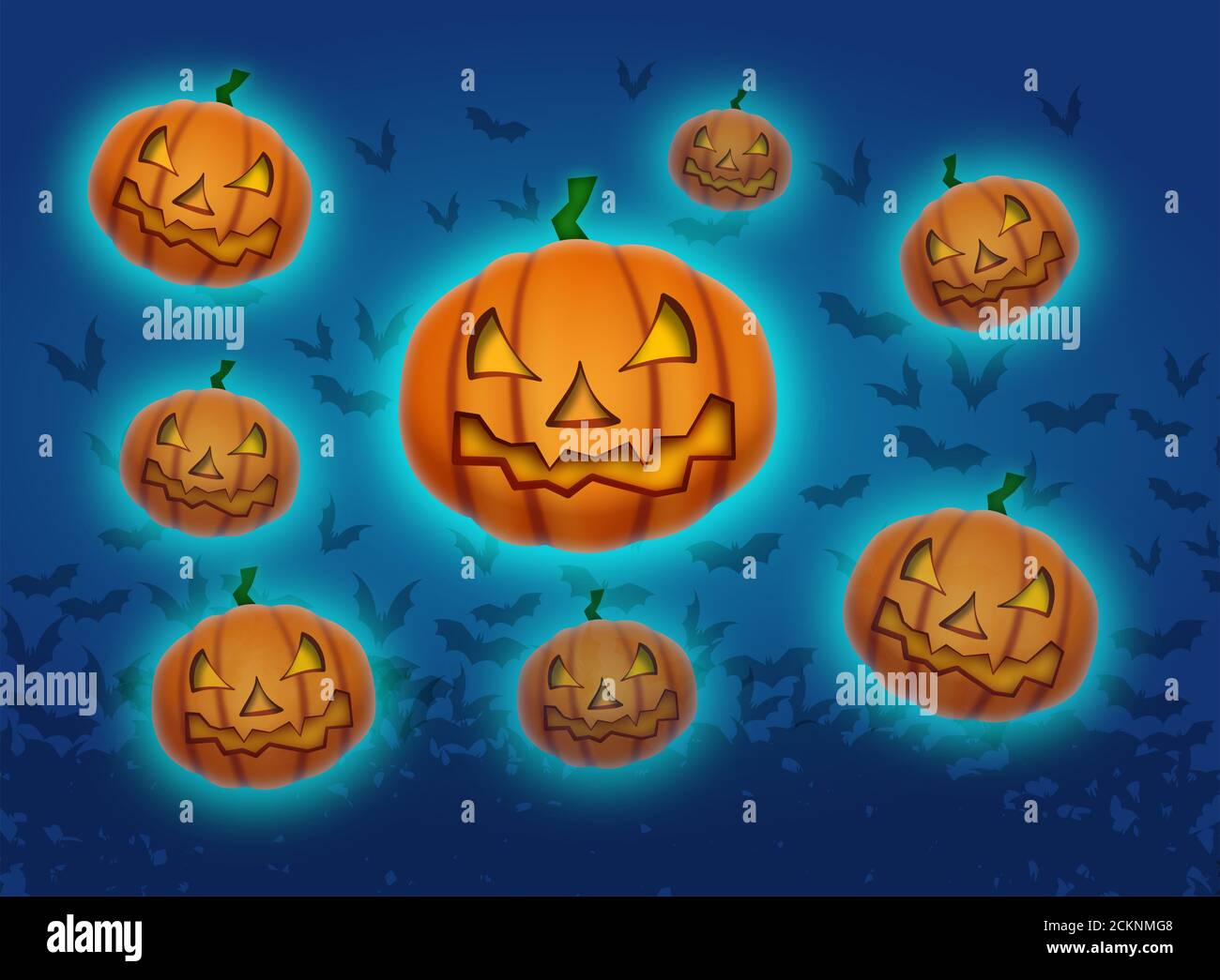 Halloween pumpkins of various sizes in front of the bat herd silhouette ...