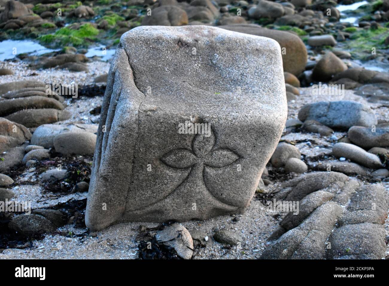 close up of Ancient cubed stone with unusual carvings washed up on ...