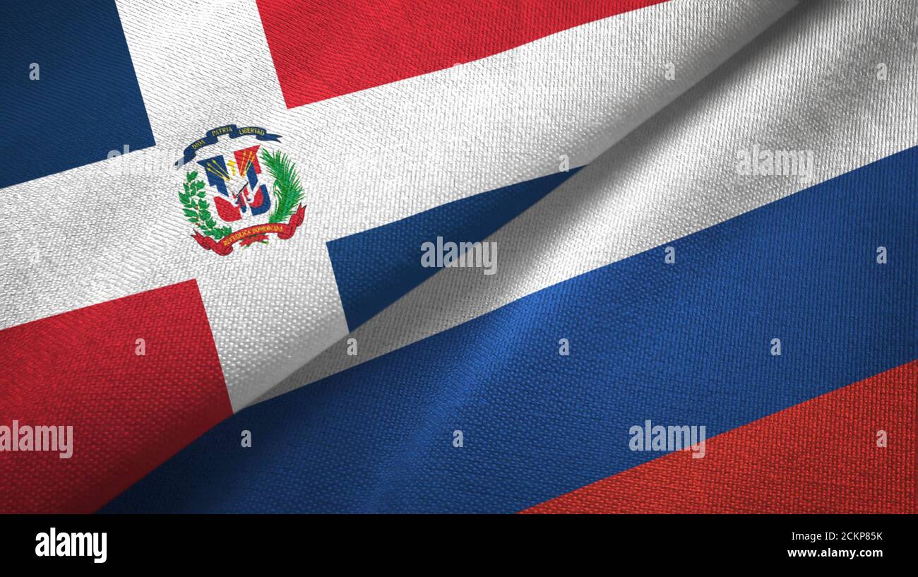 Dominican Republic and Russia two flags textile cloth, fabric texture ...